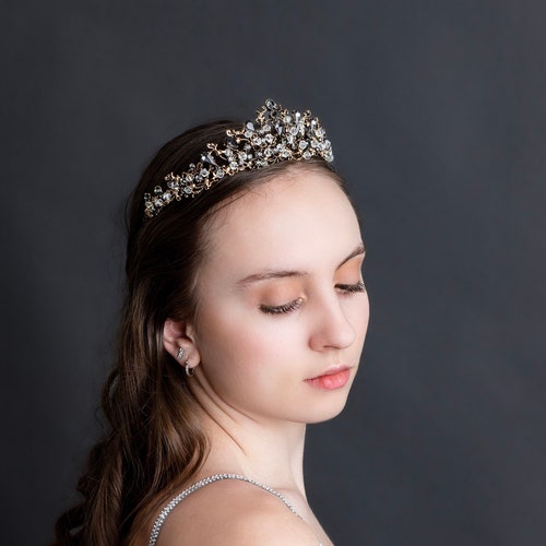 Romas Tiara in Yellow Gold Color Metal and Clear Crystal Faux - Etsy