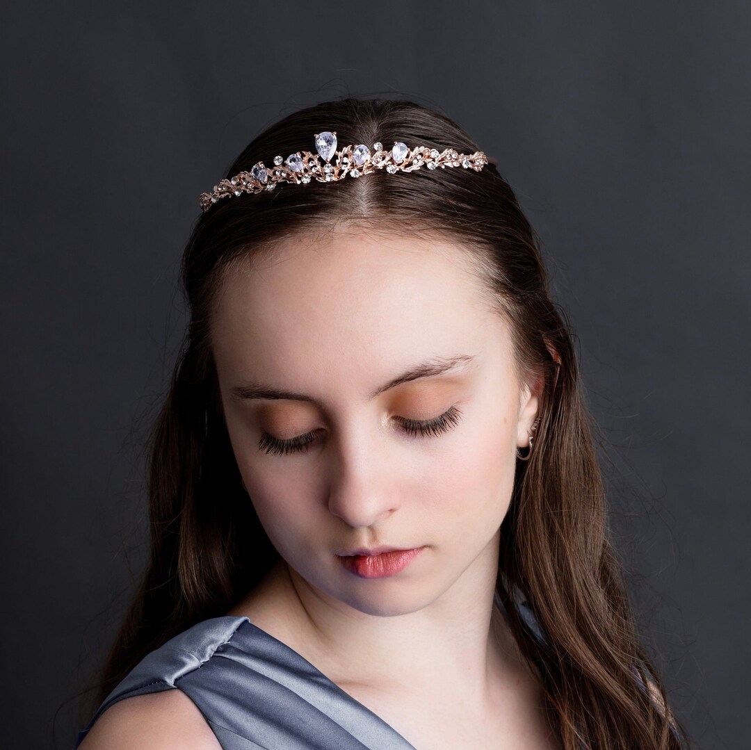 Sadie's Tiara in Rose Gold Pink Color Metal, Faux Diamond Clear Crystal ...