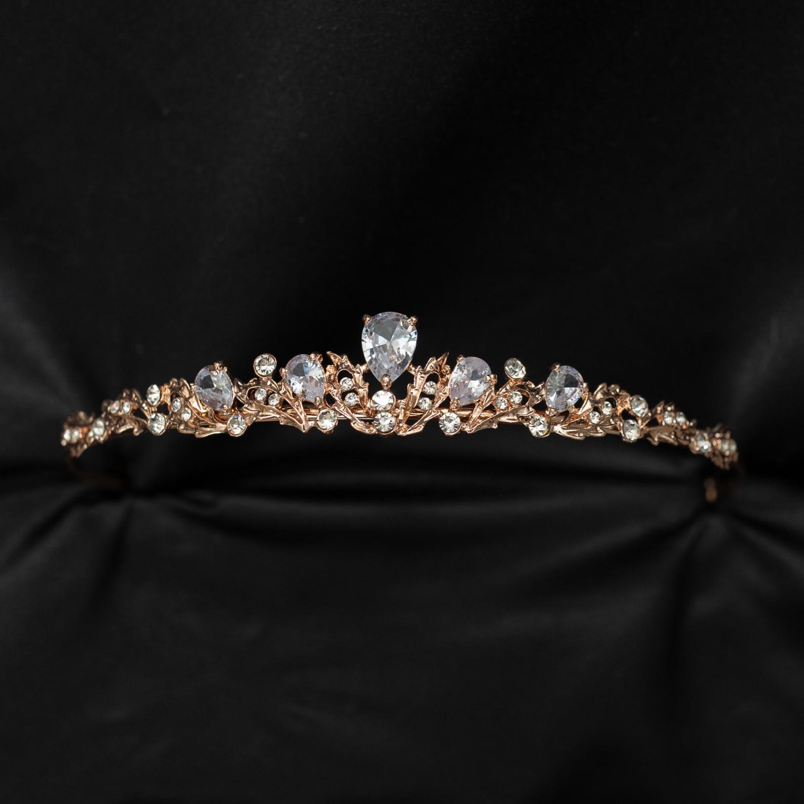 Sadie's Tiara in Rose Gold - Crystal Leaf Design, Dainty Bridal ...