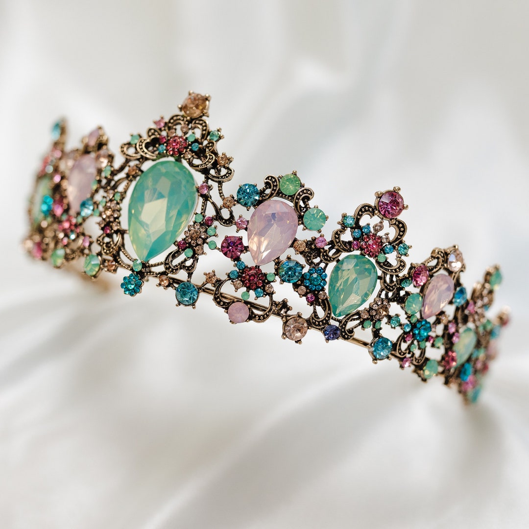 Michelle’s Tiara in Antique Gold, Blue Turquoise, Pink Color Crystals ...
