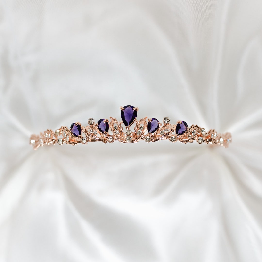 Sadie's Tiara in Purple & Rose Gold - Crystal Leaf Design, Dainty ...