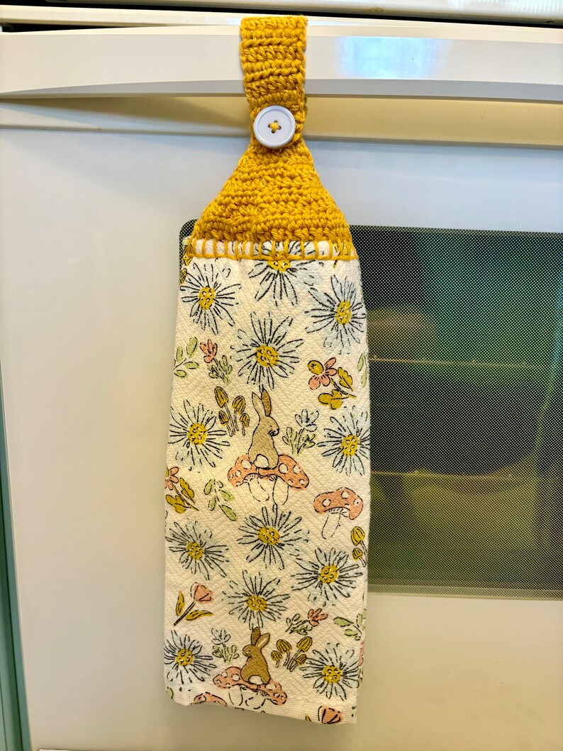 Spring Hanging Kitchen Towel, Crochet Top Oven Handle Dishtowel, Vernal ...