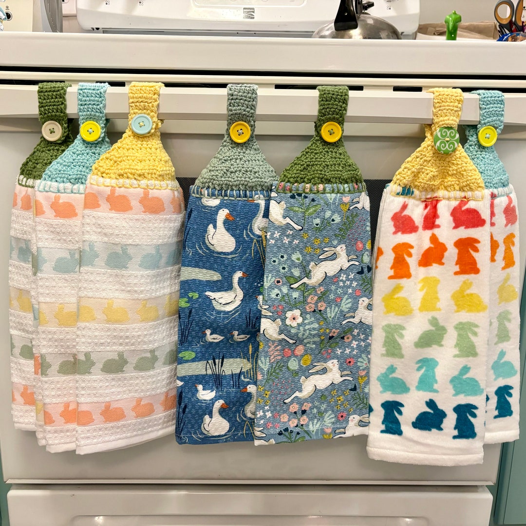 Spring Hanging Kitchen Towel, Crochet Top Oven Handle Dishtowel, Vernal ...