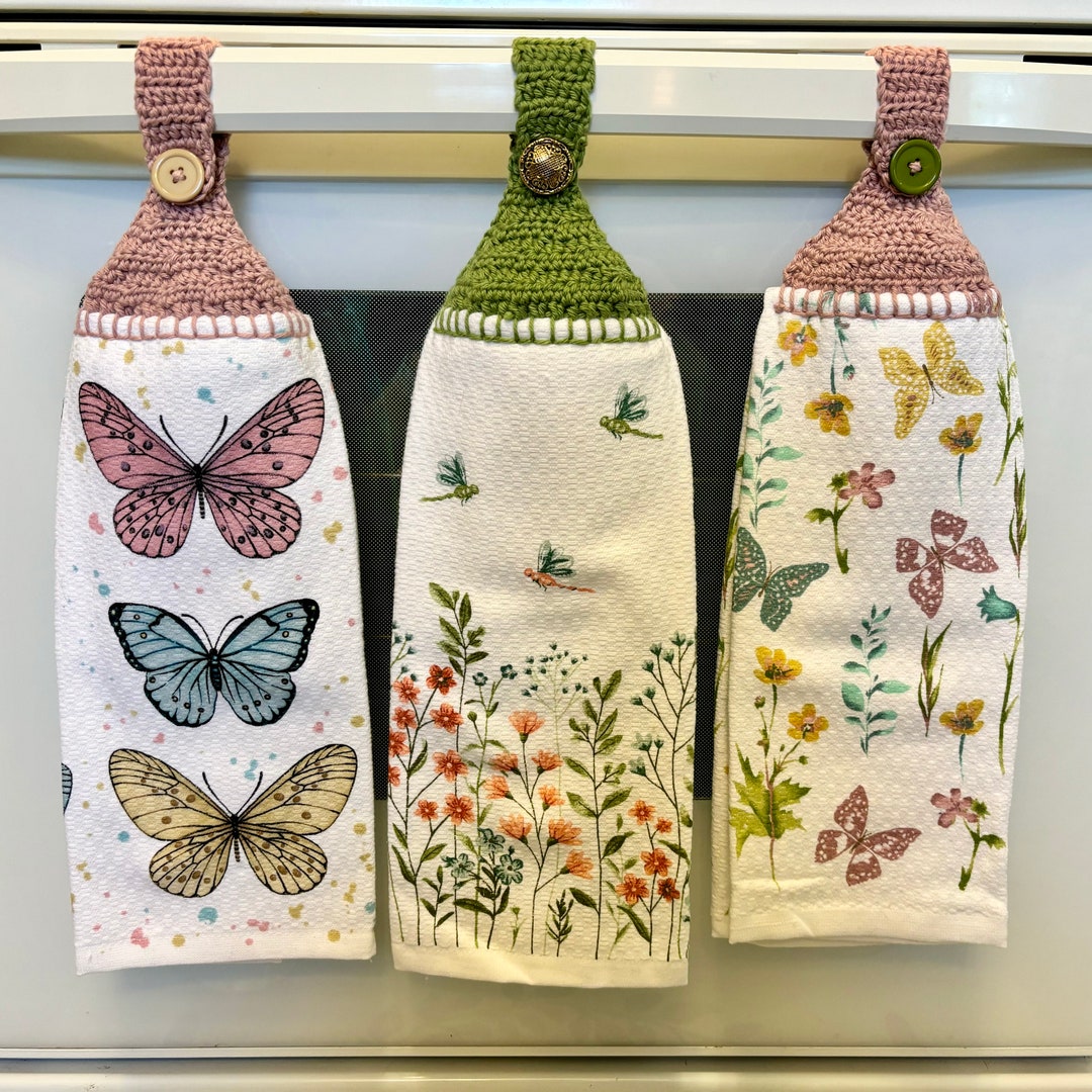 Spring Hanging Kitchen Towel, Crochet Top Oven Handle Dishtowel, Vernal ...