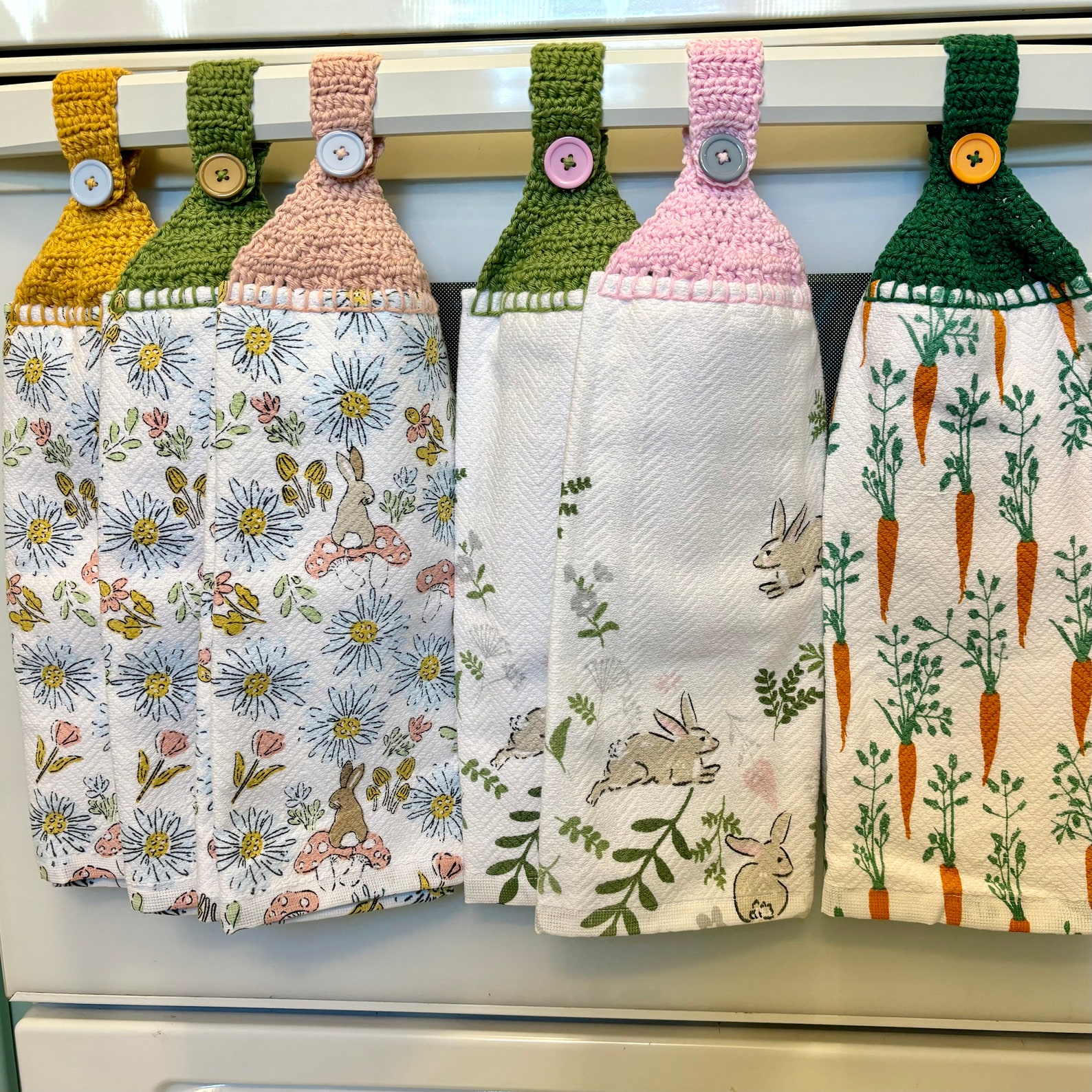 Spring Hanging Kitchen Towel, Crochet Top Oven Handle Dishtowel, Vernal ...