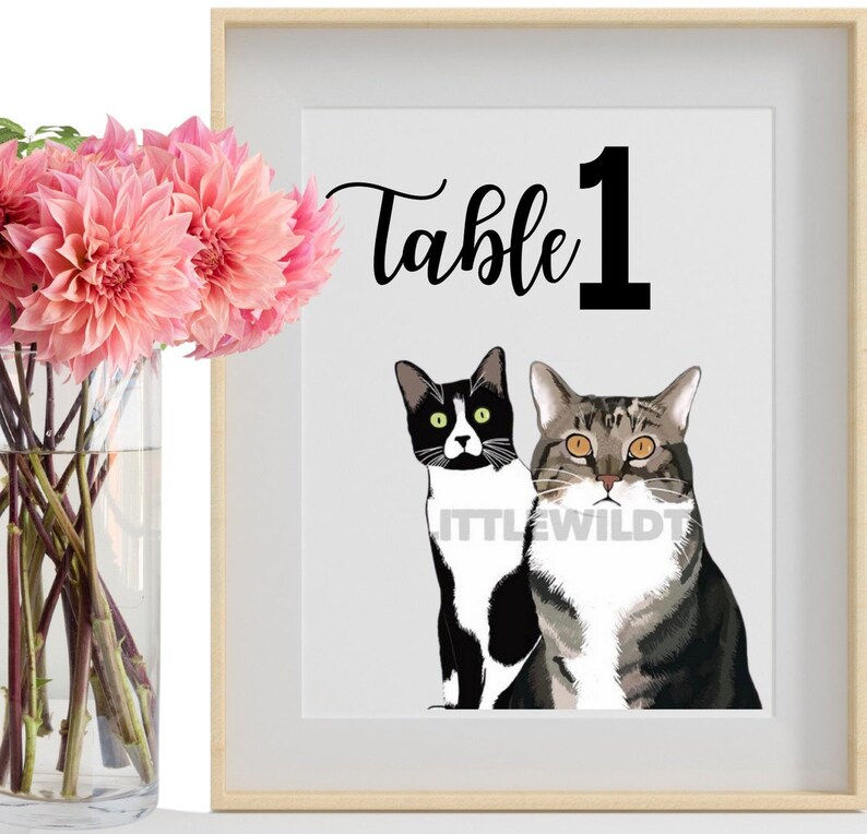 Wedding Table Numbers, Printable Table Numbers With Custom Pet Portrait ...