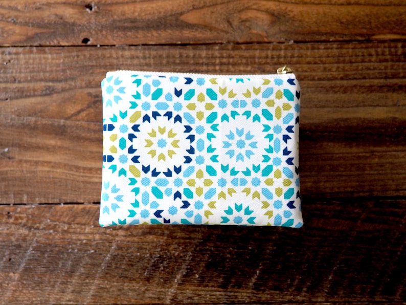 Blue Green Print Mini Pouch, Gold Zipper, Zipper, Zippered Pouch, Coin ...