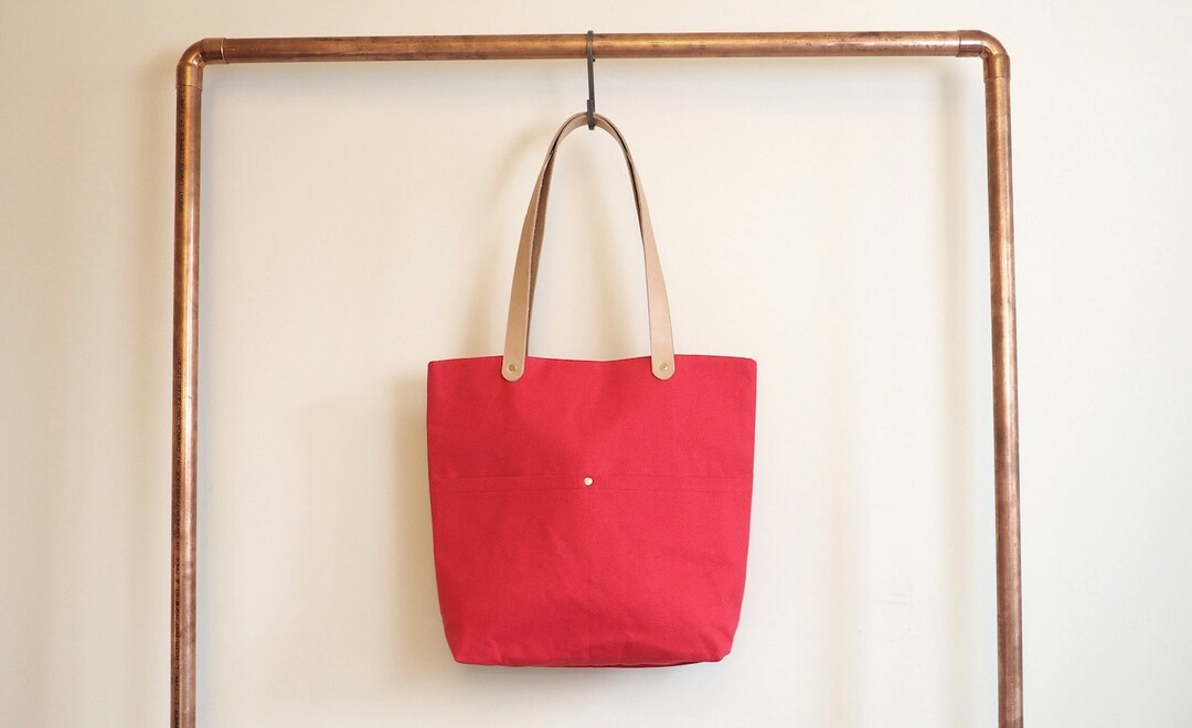 Red Canvas Averena Tote Book Bag, Leather Handles, Weekend Weekender ...