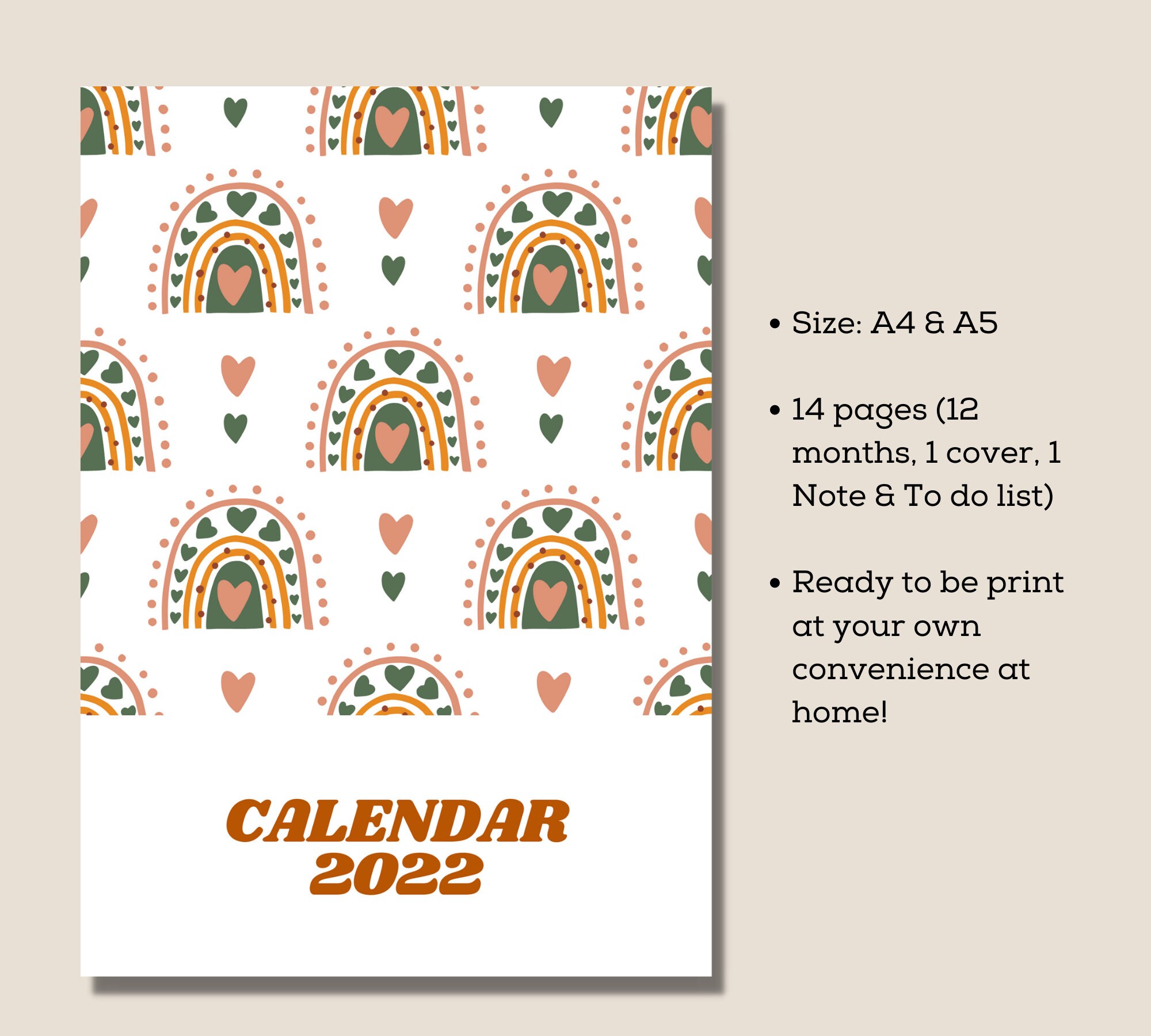 Boho Theme Calendar 2022 Rainbow Calendar Printable Calendar Calendars ...