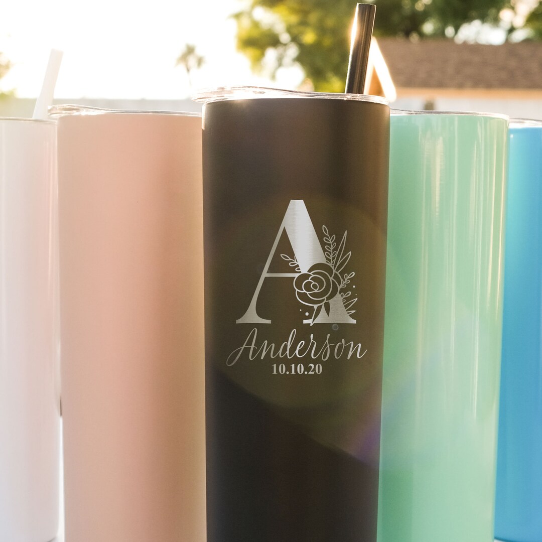 Floral Monogram Tumbler Custom Initial Water Bottle Personalized Skinny ...