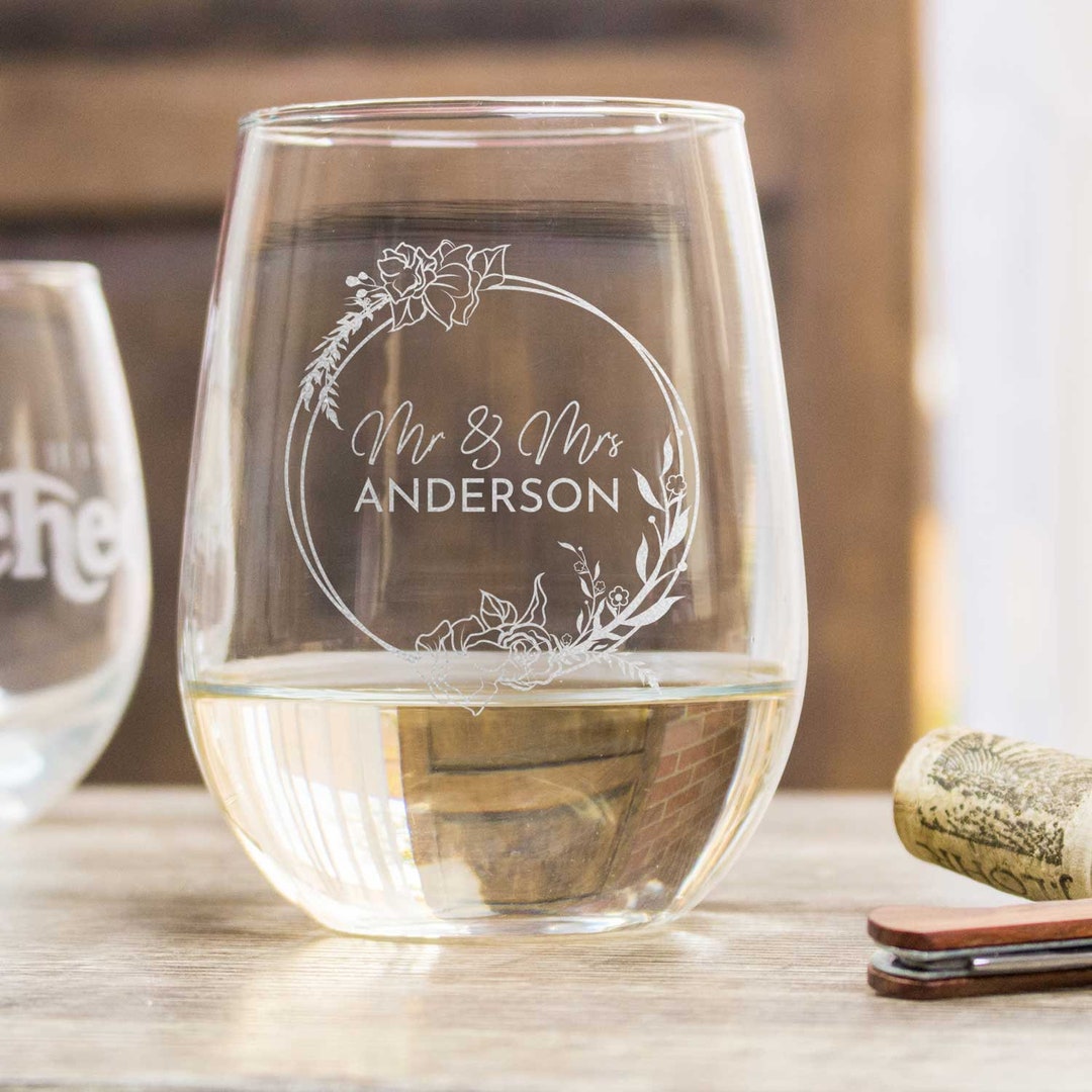 Etched Stemless Wine Glass for Couples | Personalized Anniversary Wine ...