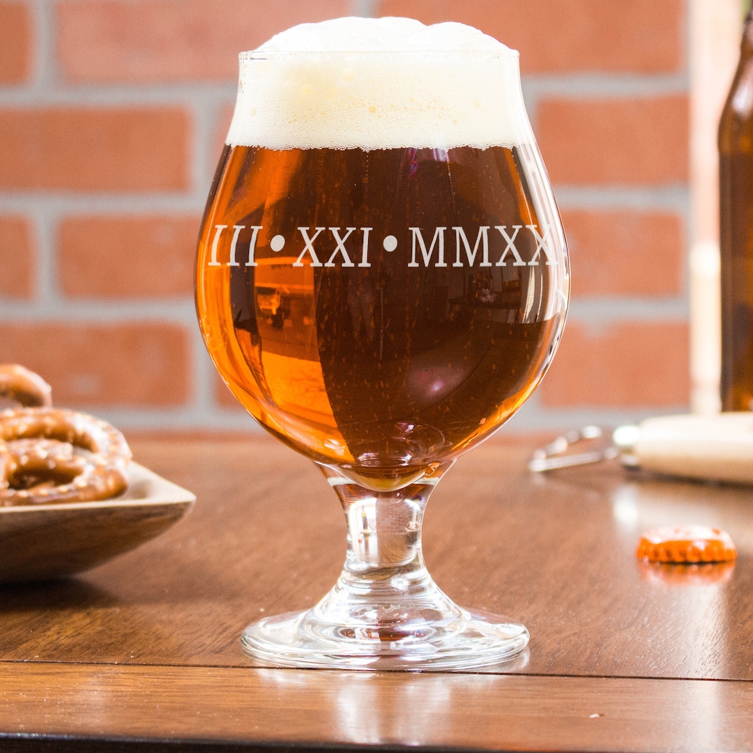 Personalized Date Beer Glass - Roman Numerals, Custom Date, Etched Beer ...