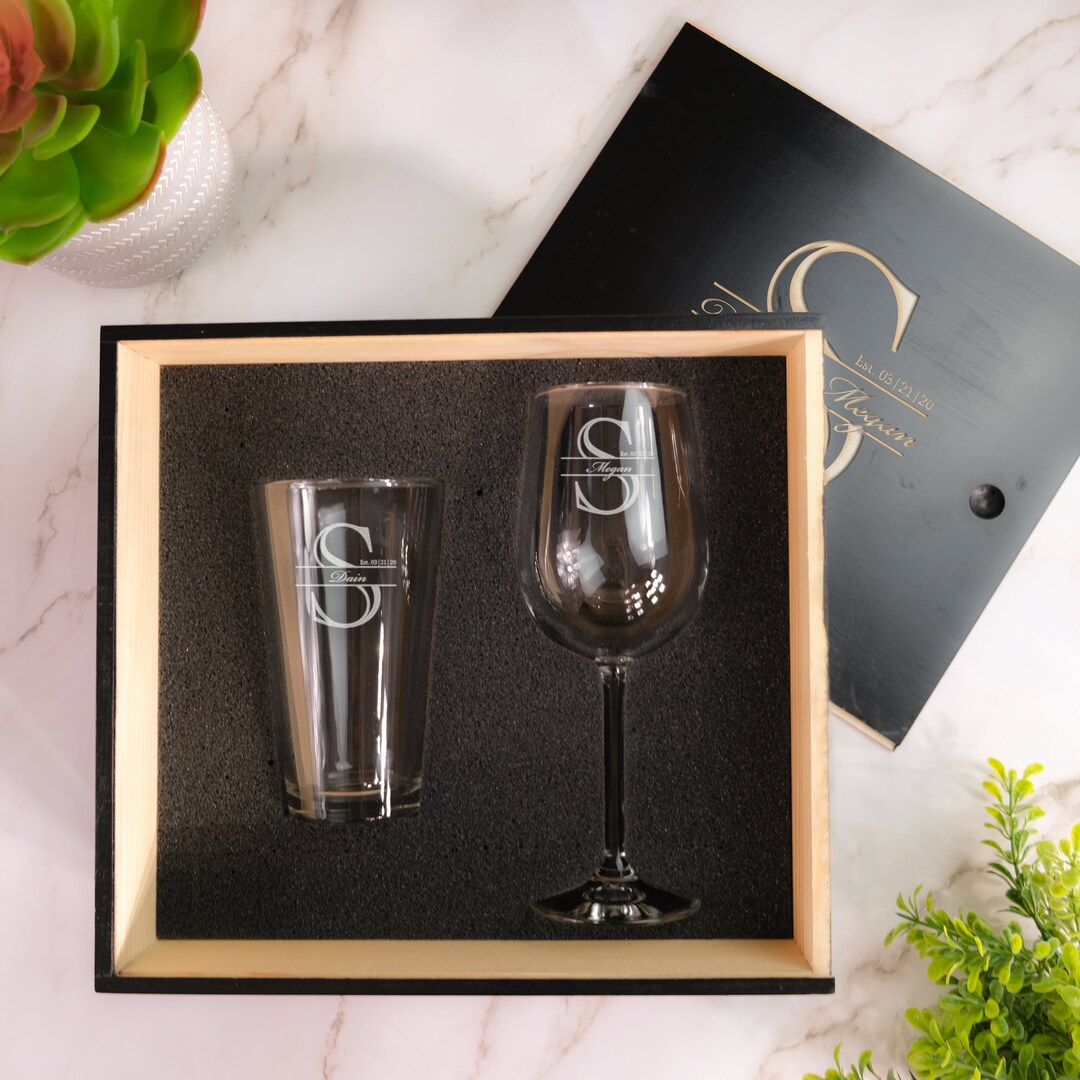 Personalized Wedding Glassware Gift Set - Engraved Pint & Wine Glasses ...