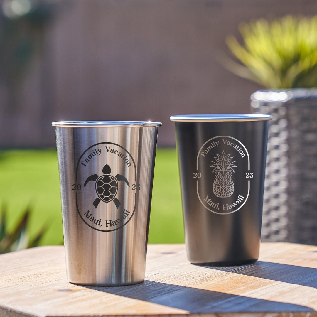 Personalized Vacation Stainless Pint Cups | Etched Metal Cups for Beach ...