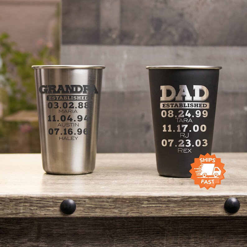Dad Est. Stainless Steel Cup - Personalized up to 5 Kids Names, Custom ...