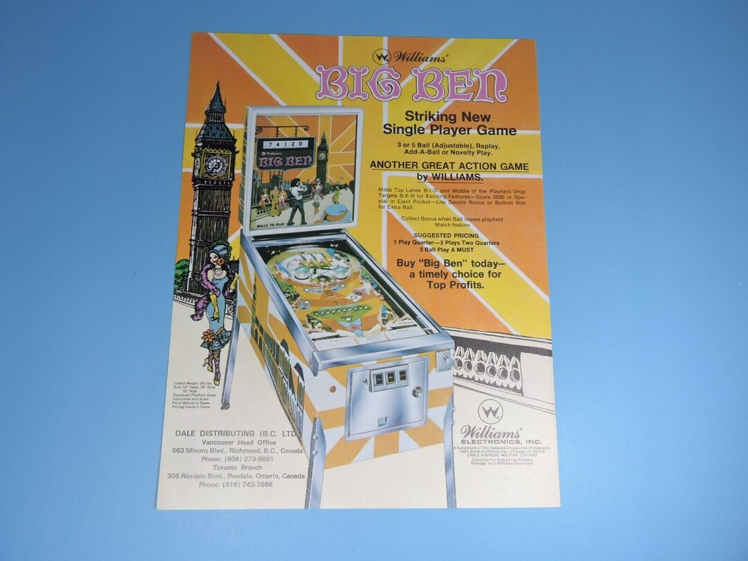 1975 Williams BIG BEN Pinball Machine Flyer Color Ad - Etsy