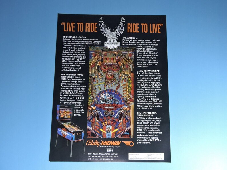 1991 Bally HARLEY DAVIDSON Pinball Machine Flyer Original - Etsy