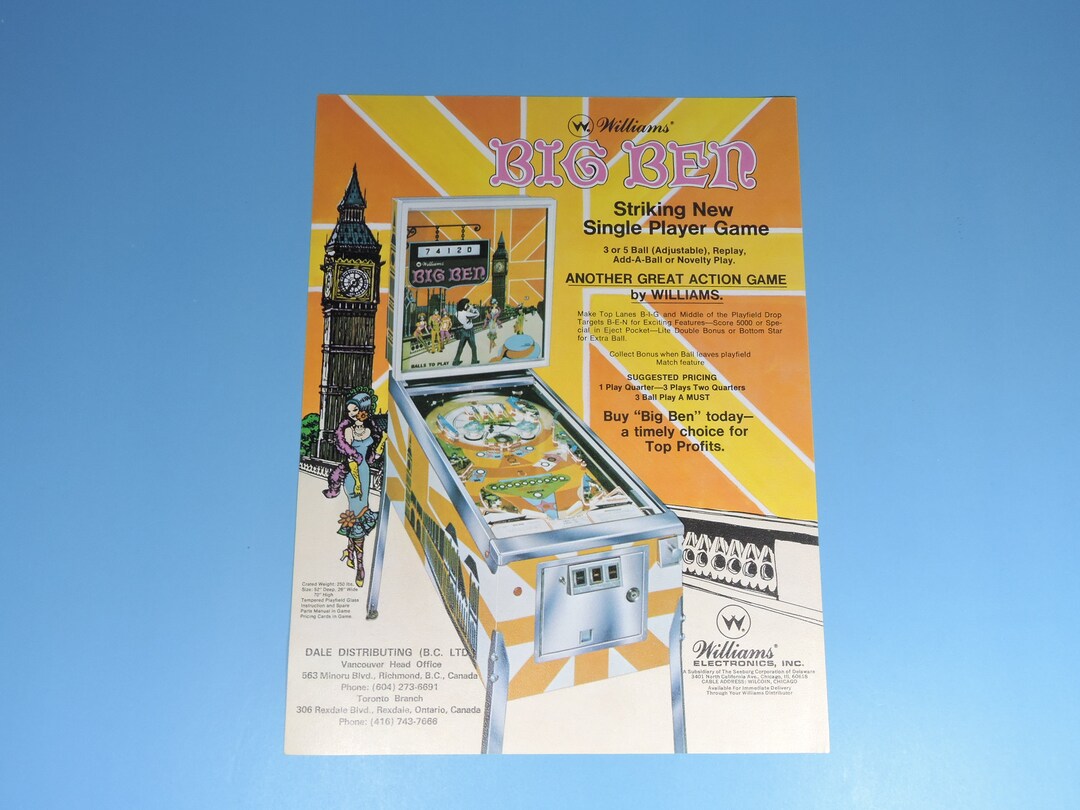 1975 Williams BIG BEN Pinball Machine Flyer Color Ad Original - Etsy