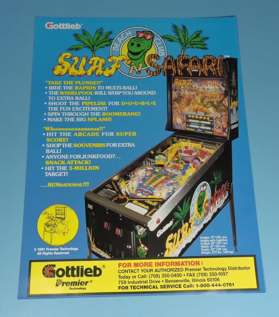 1991 Gottlieb Surf'n SAFARI Pinball Machine Flyer by Premier Technology ...