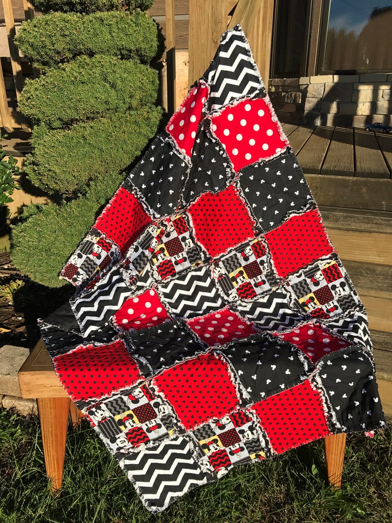 Mickey Mouse and Minnie Mouse Rag Quilt! Black, White, and Red, With ...