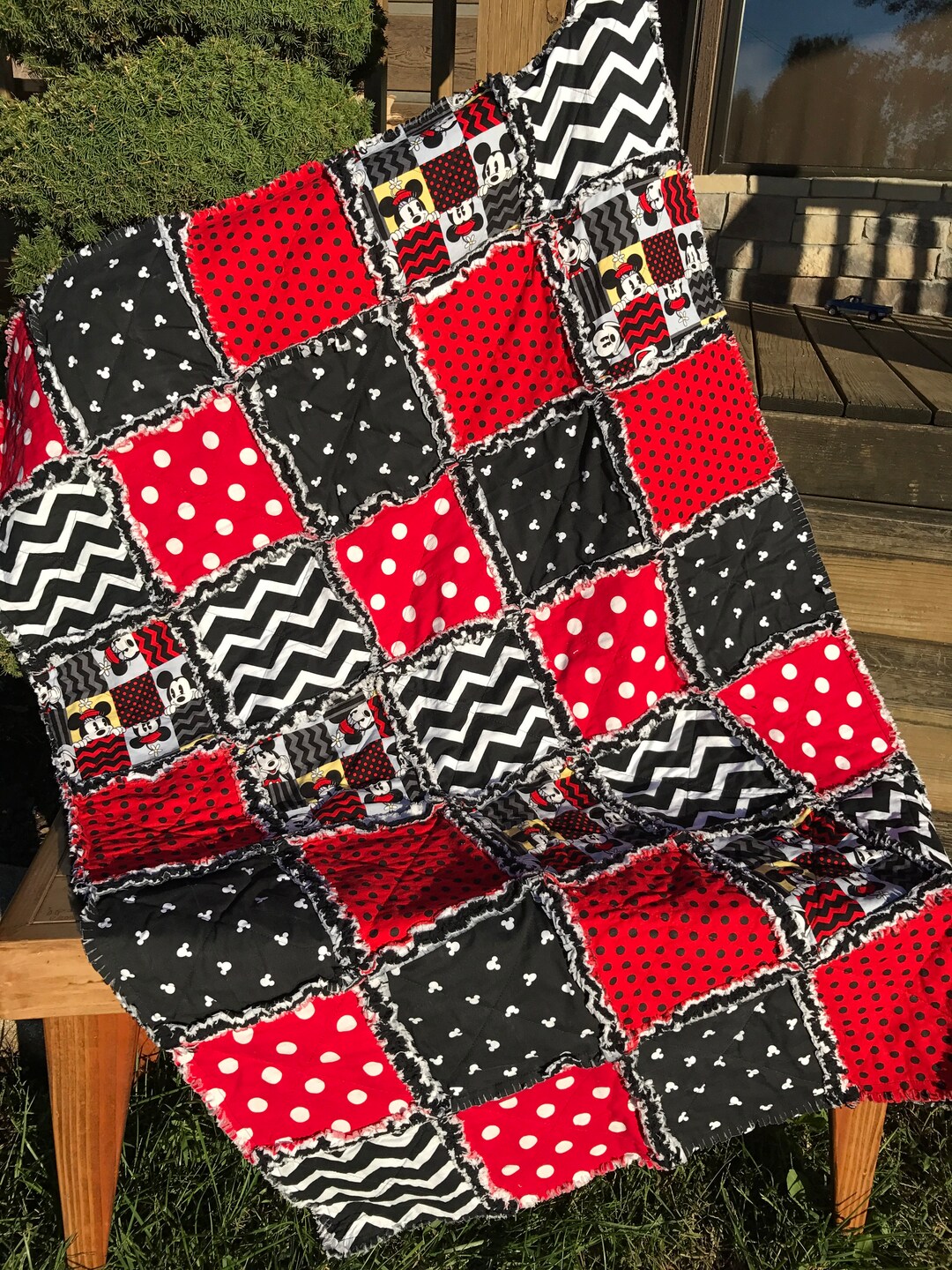 Mickey Mouse and Minnie Mouse Rag Quilt! Black, White, and Red, With ...