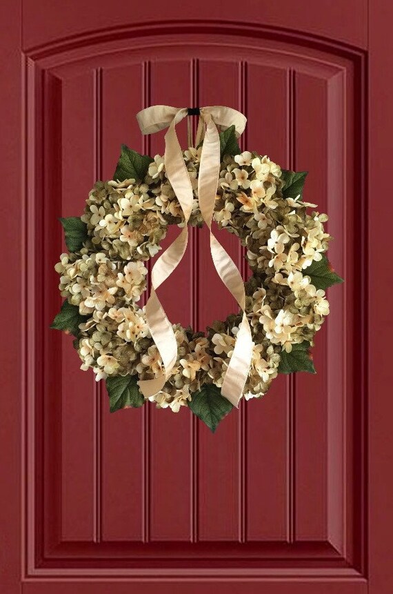 Wreath for Red Front Door Green and Cream Hydrangea Wreath | Etsy