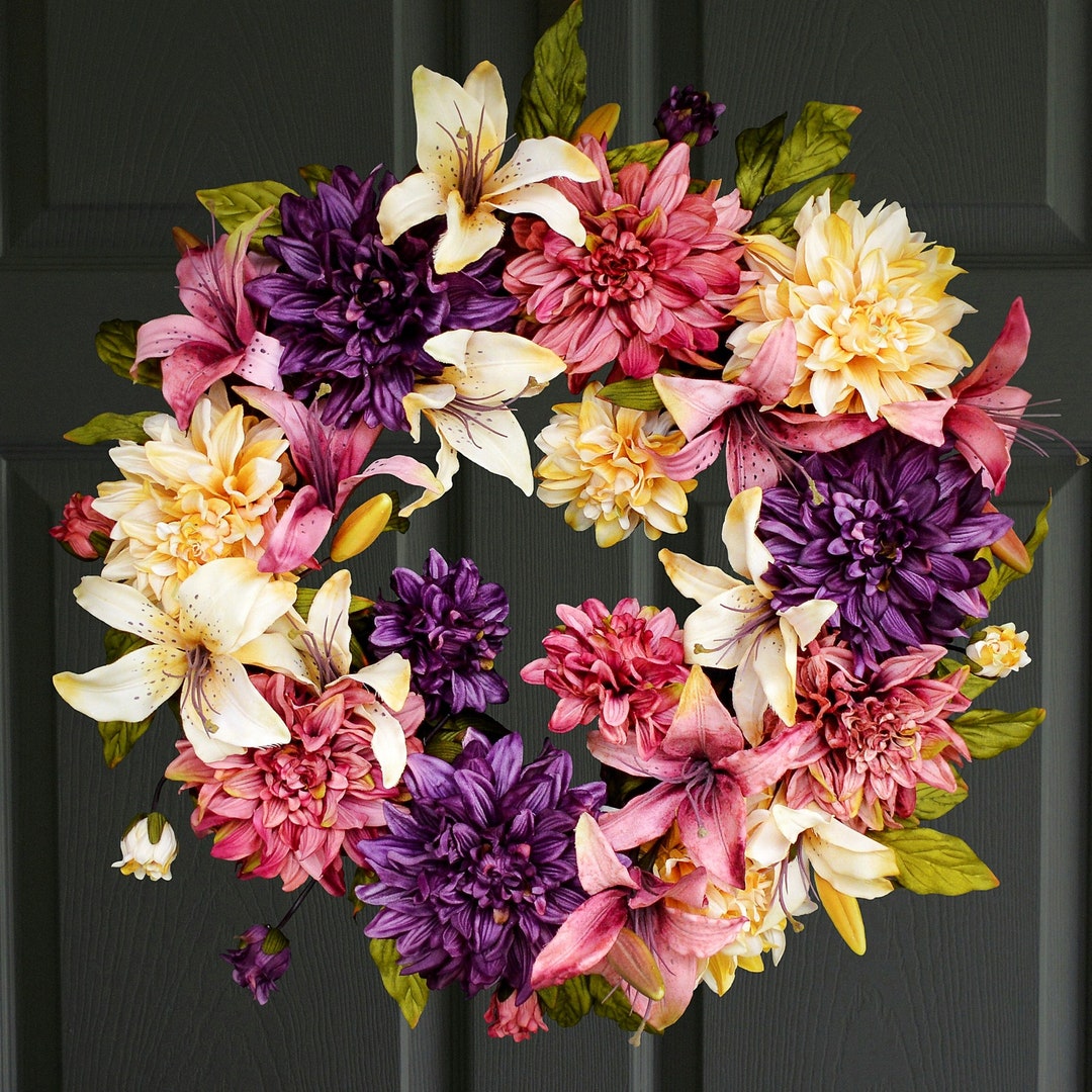 Dahlia & Lily Flower Wreath Front Door Wreaths Wreaths for Door Outdoor ...