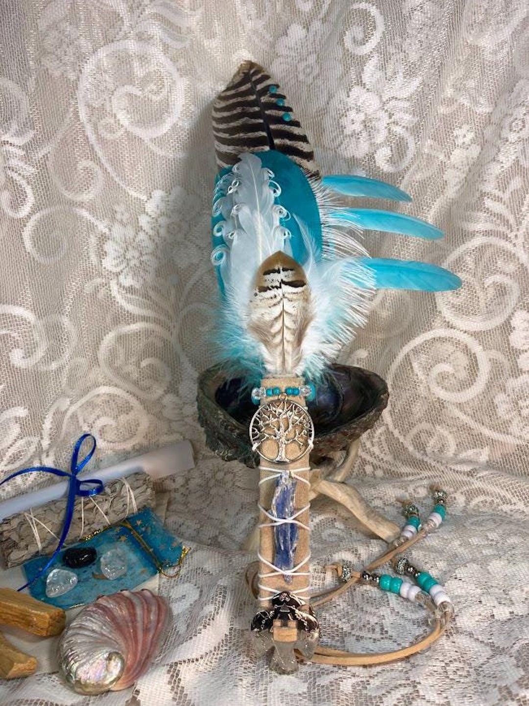 Turquoise Dream Smudge Fan Kit: Kyanite, Sage, Palo Santo, Instructions ...