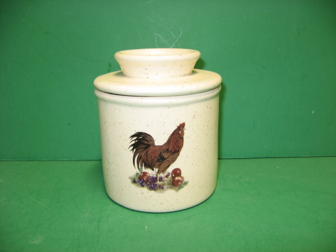 Beautiful Ceramic Rooster With Apples Butter Crock Holds 1 Stick Butter ...