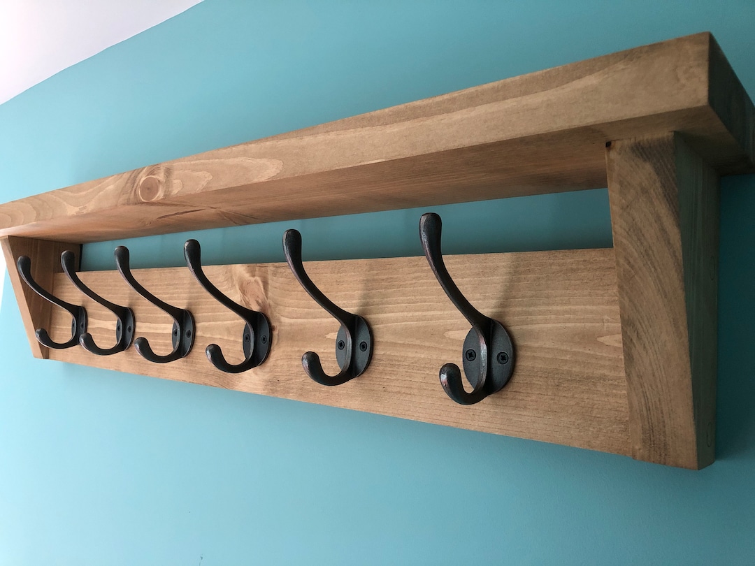 Rustic Pine Coat Rack With Shelf: Farmhouse Cast Iron Hooks - Etsy UK