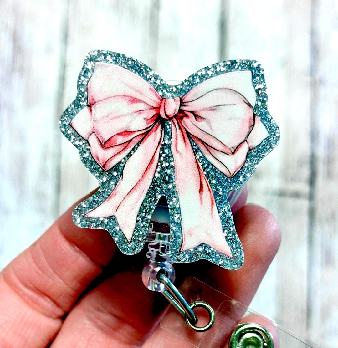 Pink Bow Badge Reel, Pretty Coquette Bow Badge, Girly Bow Badge Holder ...