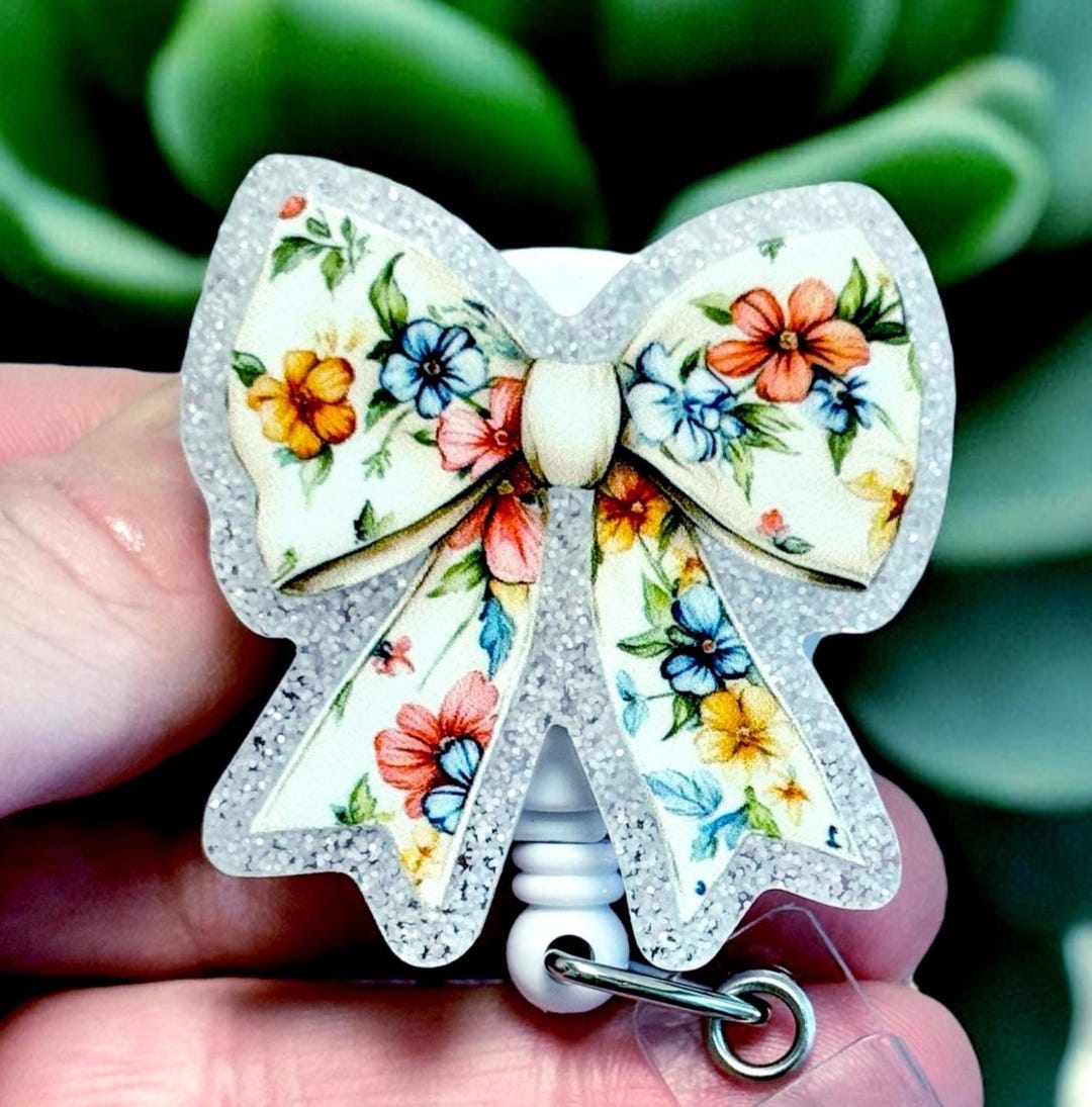 Floral Bow Badge Reel, Glitter Floral Coquette Bow Badge Holder, Bow ...