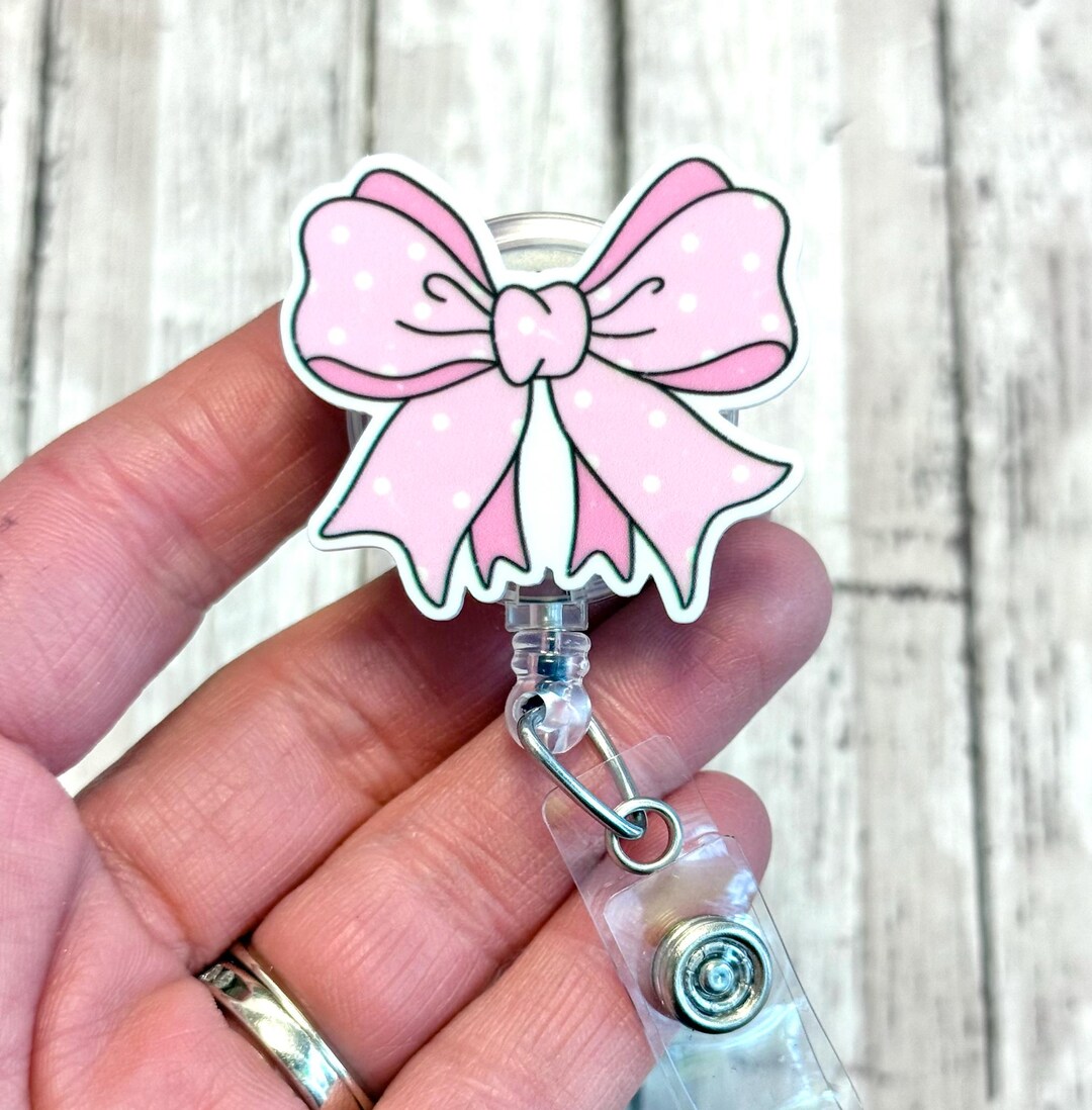 Pink Bow Badge Reel, Pink Coquette Bow Badge Holder, Pretty Bow Badge ...