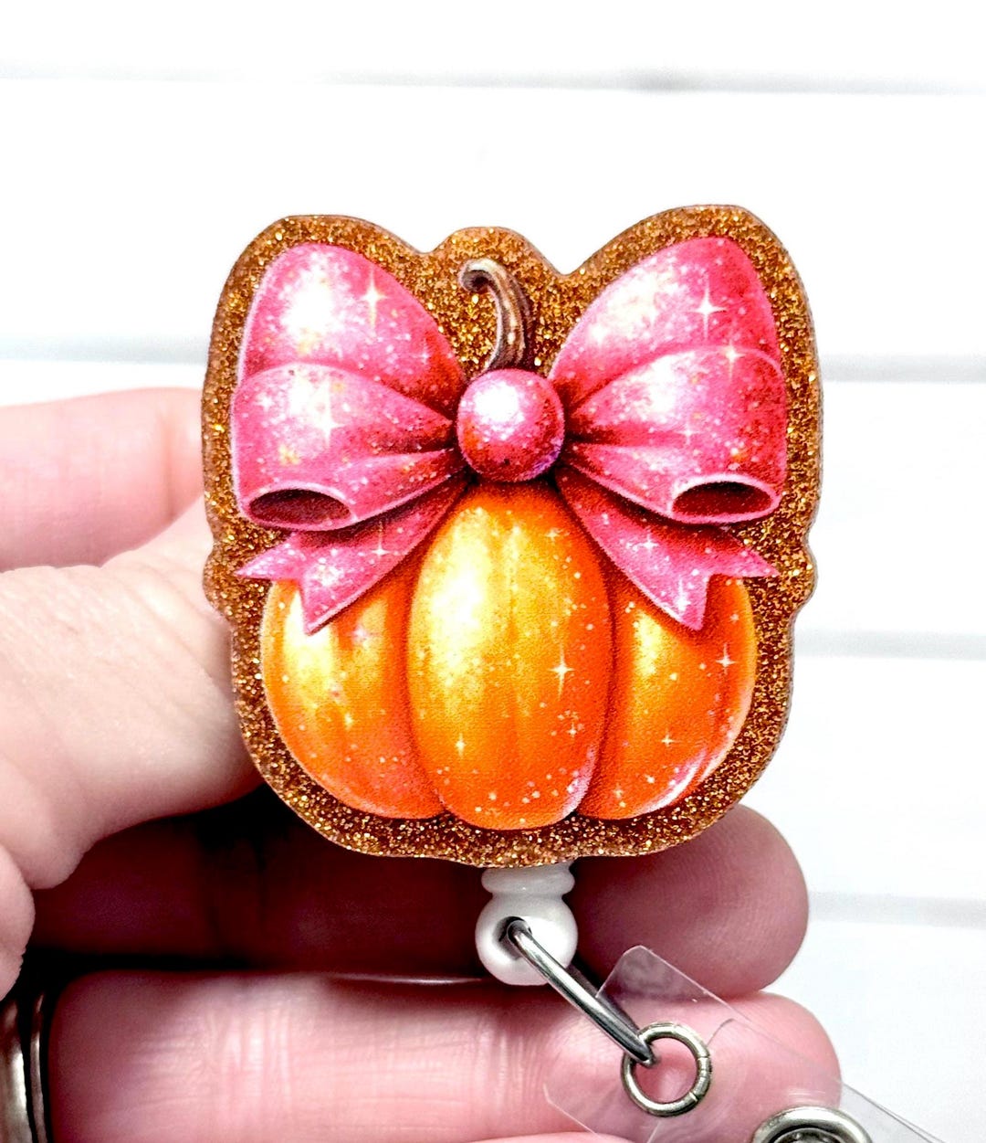 Pretty Pumpkin Badge Reel, Pink Bow Pumpkin Badge Holder, Thanksgiving ...