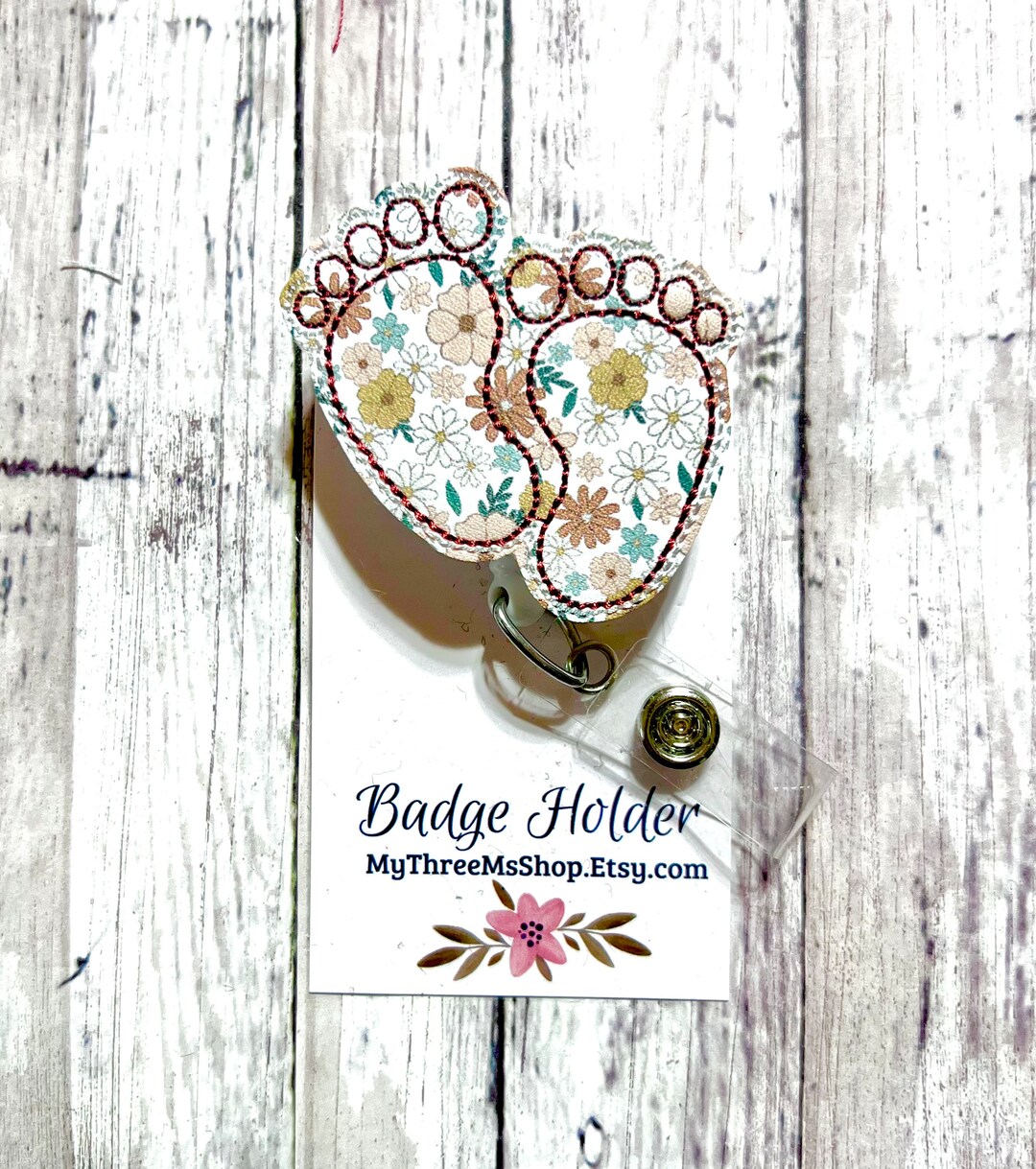 Floral Baby Feet Badge, Baby Feet Badge Reel, Interchangeable Badge ...