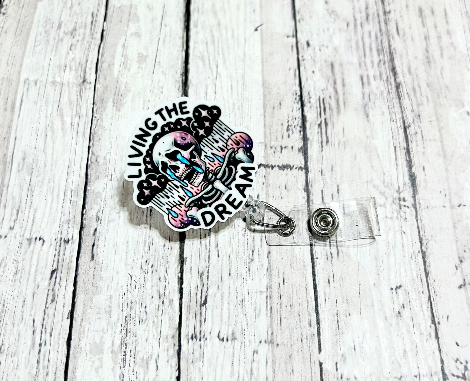 Living the Dream Badge Reel, Crying Skeleton Badge Reel, Acrylic Badge ...