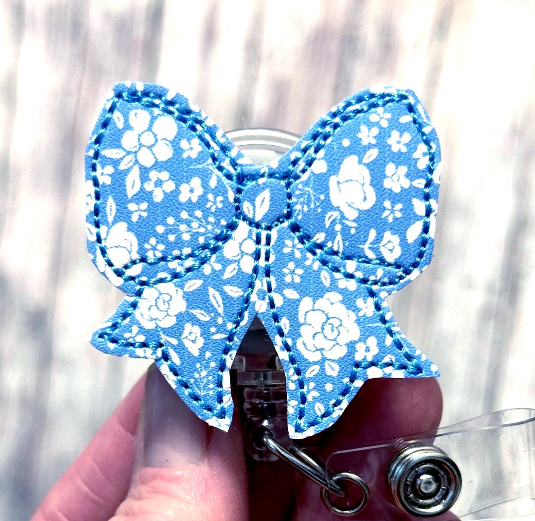 Floral Bow Badge Reel, Retro Bow Badge Holder, Blue Coquette Bow Badge ...