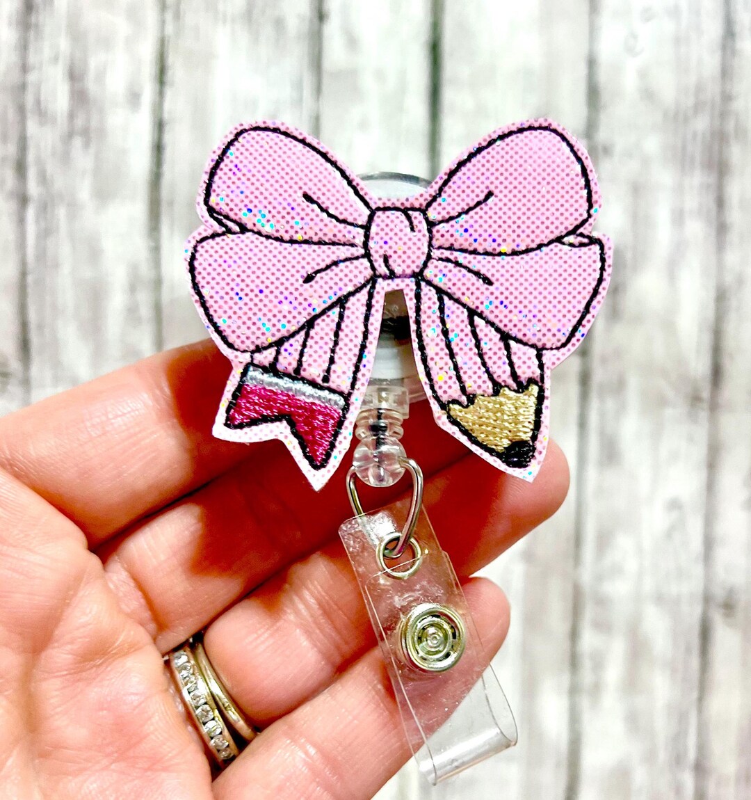 Pencil Bow Badge Reel, Coquette Bow Badge Reel, Teacher Bow Badge ...