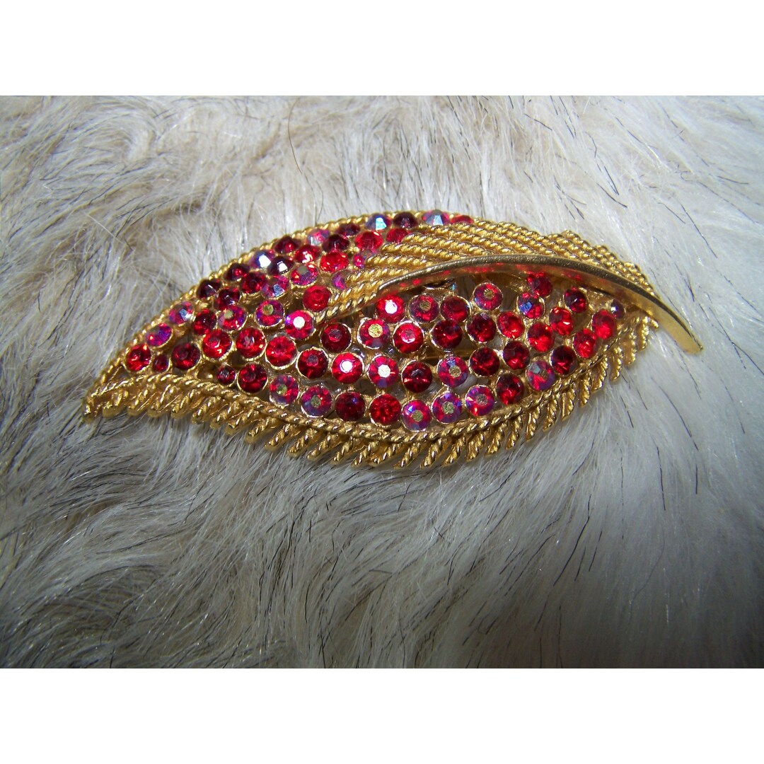 Vintage Coro Brooch Pin Leaf Red Stones Gold Tone 2 3/4" - Etsy