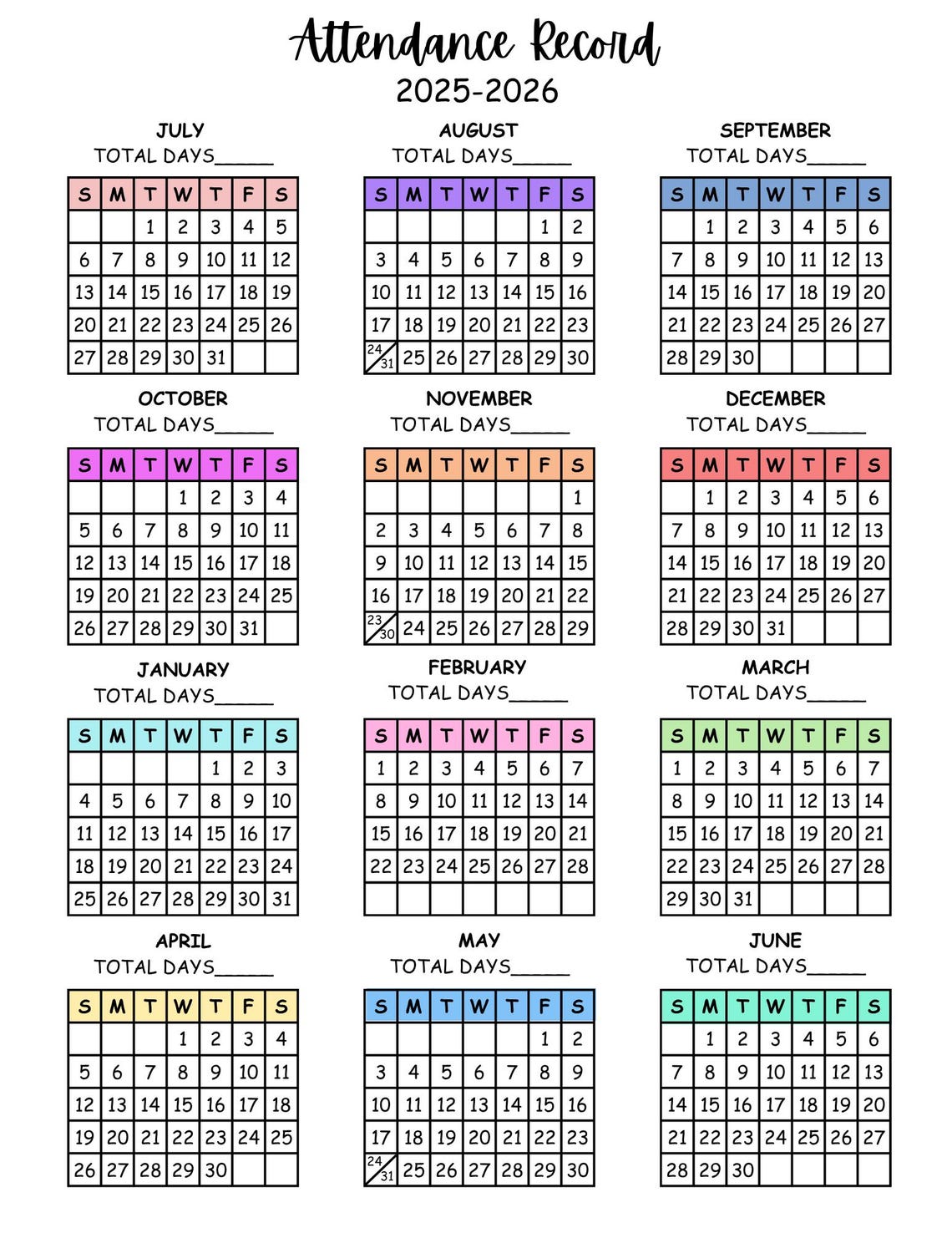 Attendance Record, Homeschool Attendance Sheet, Teacher Log, Printable ...