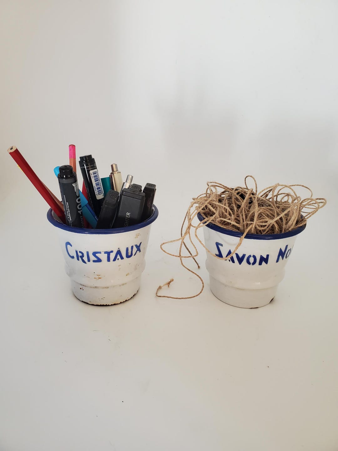 Two Vintage Enamel Tins/office Decor/french Enamel Tins/decorative Tins ...