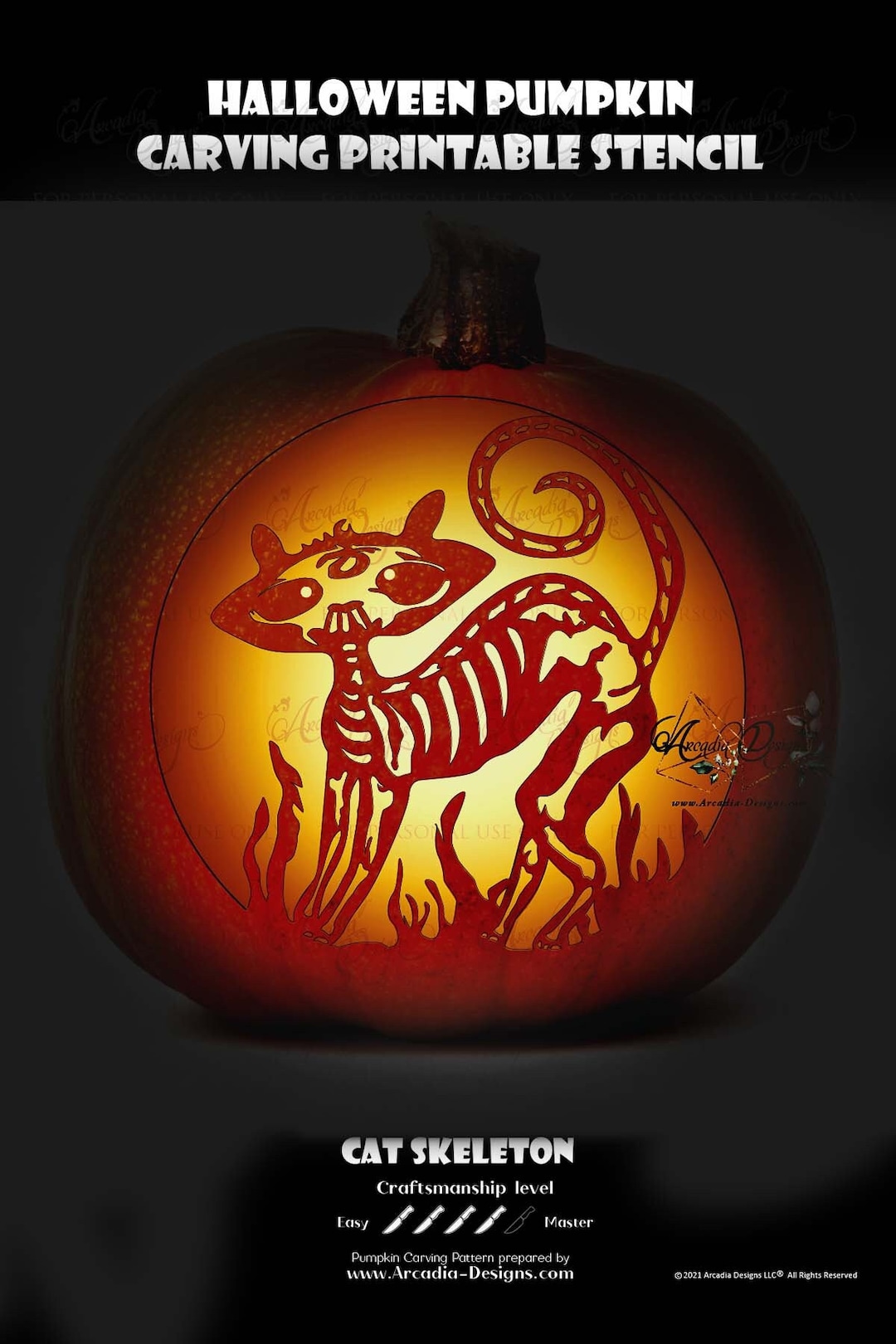 Halloween Skeleton Cat Pumpkin Carving Printable Stencil | Instant ...