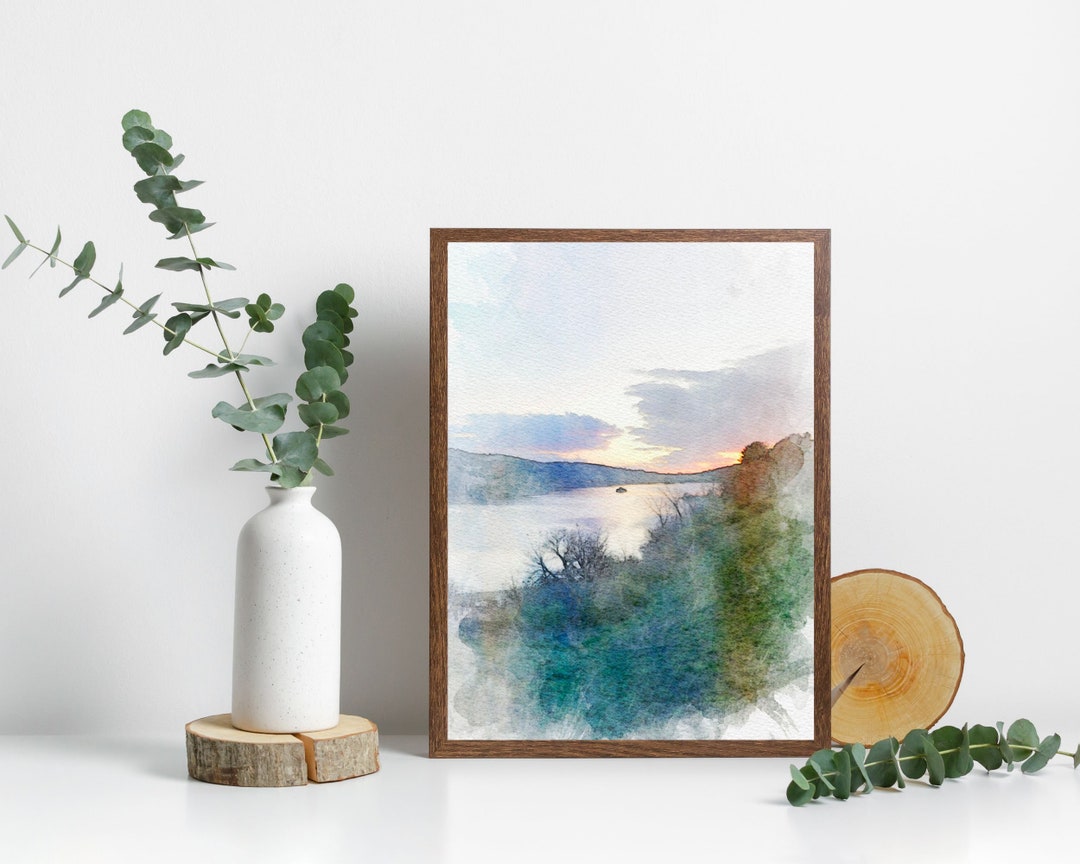 Sunset on the Lake Print, Watercolor Print, Printable Art, Lake Wall ...