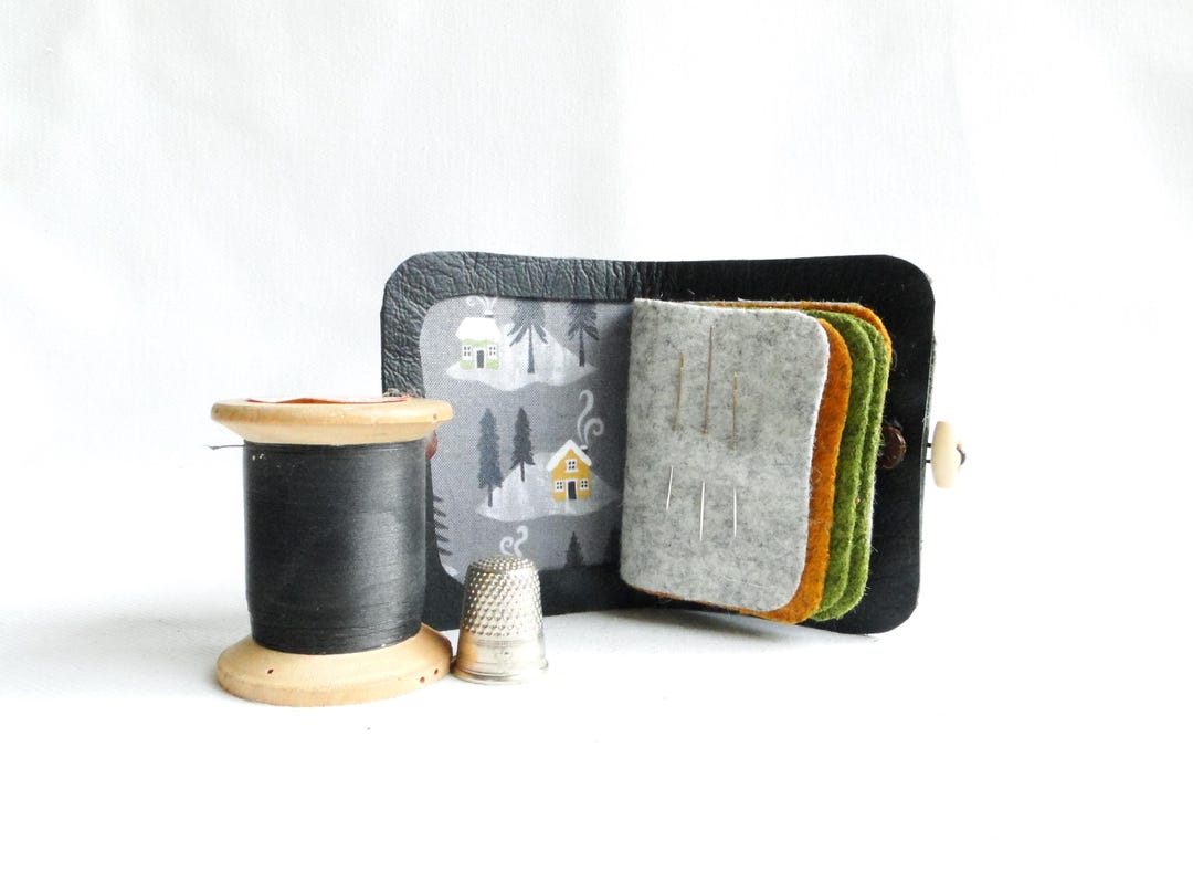 Leather Needle Case - Winter Cabin Landscape Fabric Interior - Sewing ...