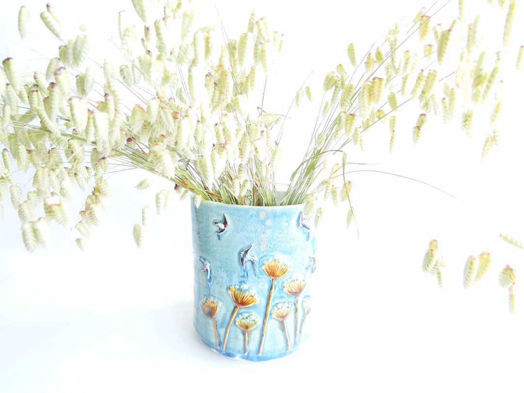 Ceramic Vase With Swallow and Meadow Decoration, Pottery Vase, Studio ...