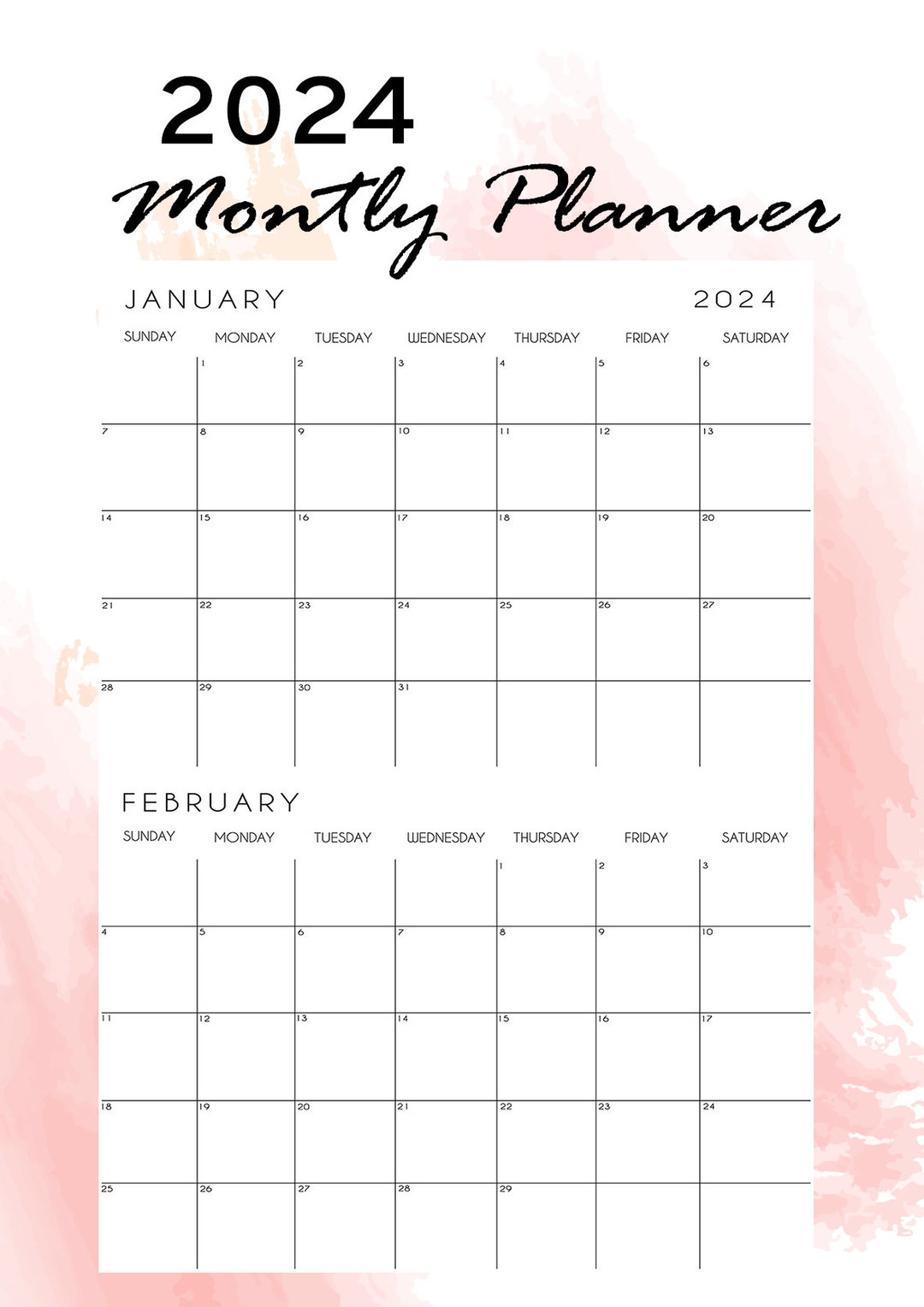 Printable Calendar 2024 Monthly Planner - Minimalist - Instant Download ...