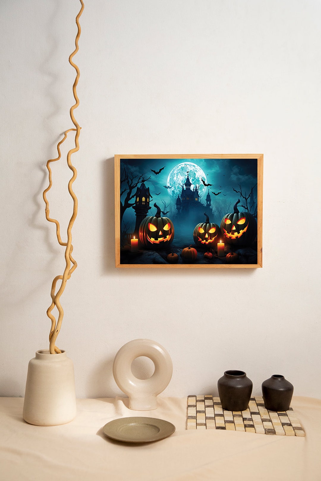Halloween Wall Art, Printable Wall Art, Pumpkins and Bats, Digital ...