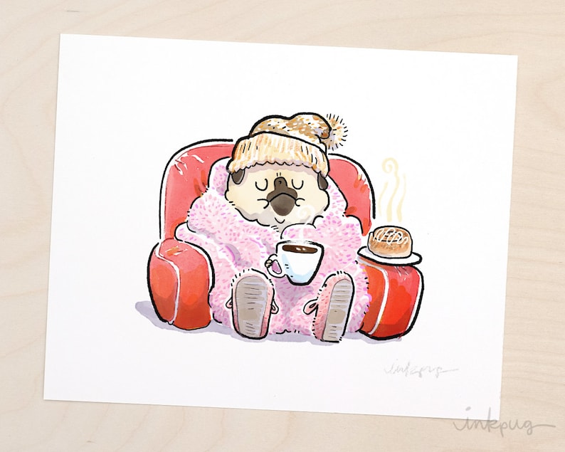 Cozy Day - Snuggle Pug Art, Cute Snuggly Pug Print, Coffee Pug With ...