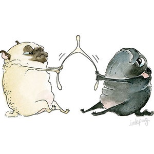 Wishbone Pugs Art Print - Funny Pug Art, Pug Thanksgiving Decor, Cute ...