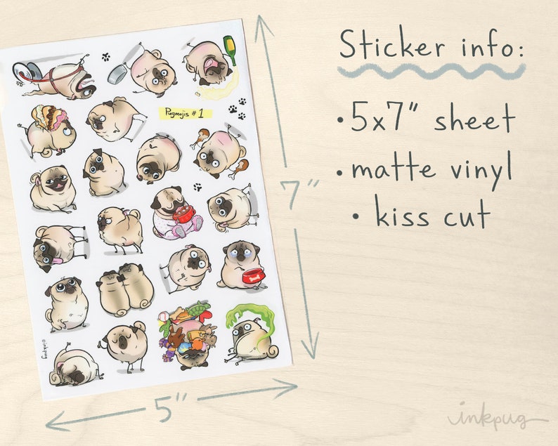 Pugmojis #1 Pug Stickers - Fawn or Black Pug Stickers, Planner Stickers ...